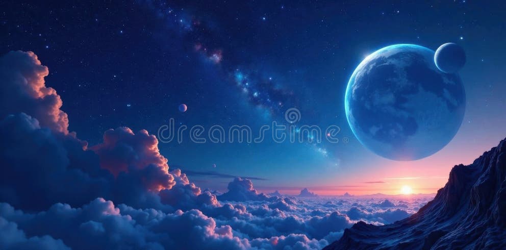 Celestial Bodies Float in a Deep Blue Sky with Vibrant Stars and ...
