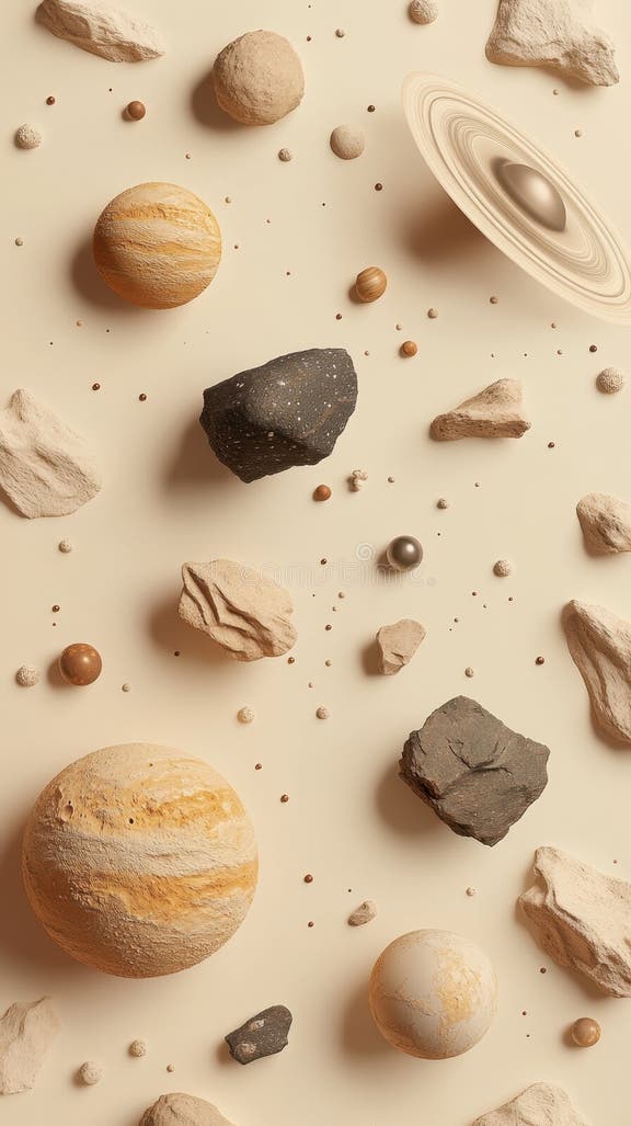 Celestial Bodies Float among Rocks. Round Planets and Ringed World ...