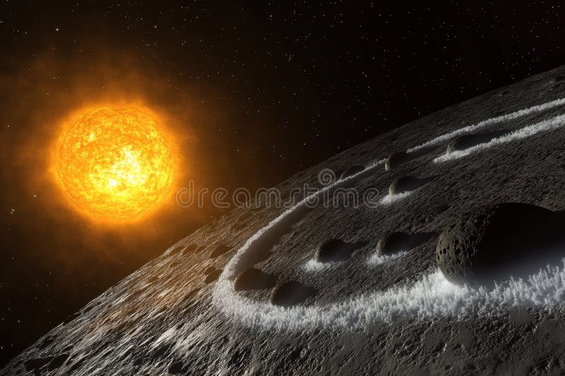 Celestial Body with Glowing Sun and Unique Surface Features in Space ...