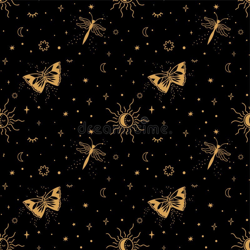 Celestial Cat Seamless Pattern. Starry Cat Repeat Background. Vector Mystery Fabric, Wallpaper ...