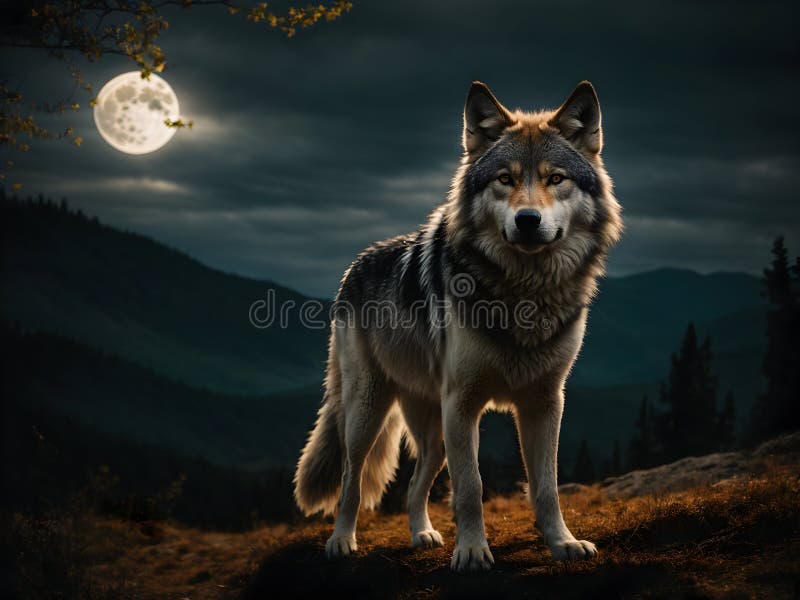Celestial Canine: Wolf Basking in the Light of the Full Moon Stock ...