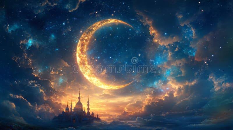 Celestial Castle Beneath a Flaming Crescent Moon Stock Illustration ...