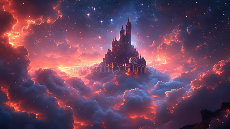 Celestial Castle Sunset Cloudscape Fantasy Art Stock Illustration ...