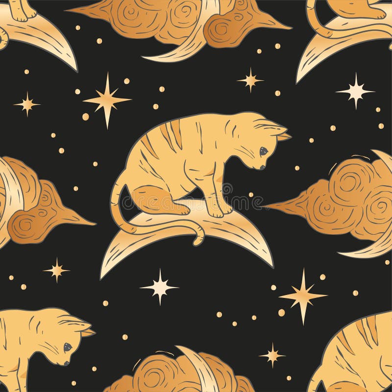 Celestial Cat Animal Seamless Pattern Design. Vector Astrology Boho Esoteric Gold and Magic ...