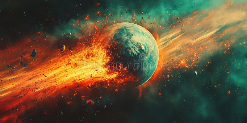Celestial Cataclysm Apocalyptic Impact on a Lone Planet, Depicting the ...