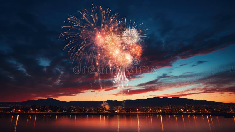 Celestial Celebration. Fireworks Dancing at Sunset Stock Illustration ...