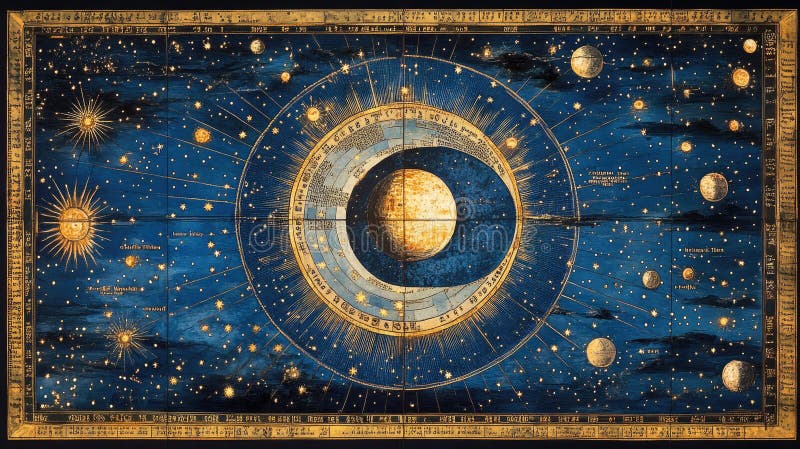 Celestial Chart of Planets and Moon Phases, Vintage Style Stock ...