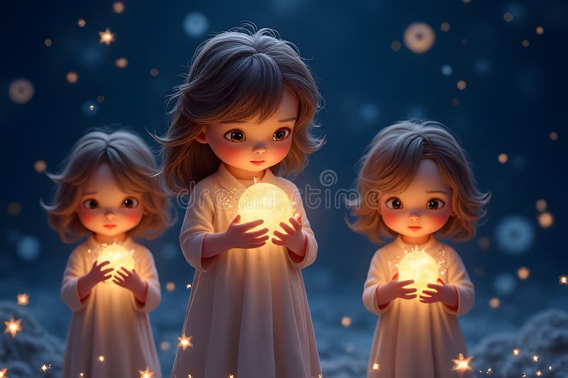 Celestial Children Holding Tiny Planets or Stars, Surrounded by Playful ...