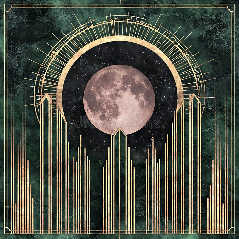 Celestial Cityscape Art Deco Moon and Emerald Marble a Luxurious ...