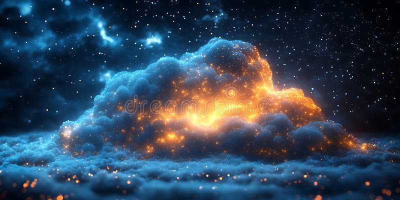 Celestial Cloudscape with Glowing Light Particles in Deep Blue Starry ...