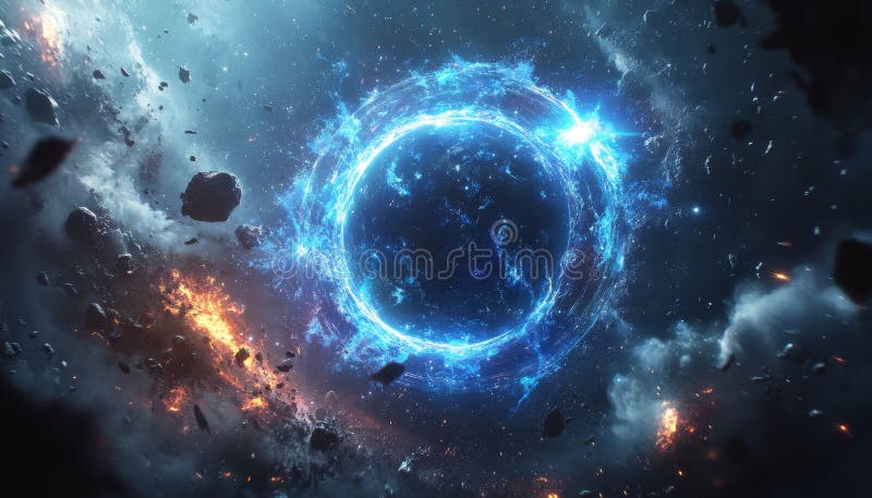 Celestial Collision Blue Energy Ring Amidst Cosmic Dust, Asteroids and ...
