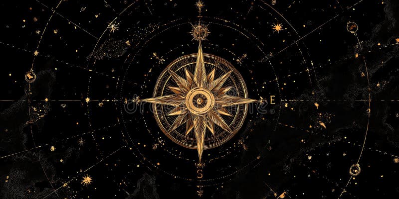 Celestial Compass Gold Compass Rose in Starry Night Background Stock ...