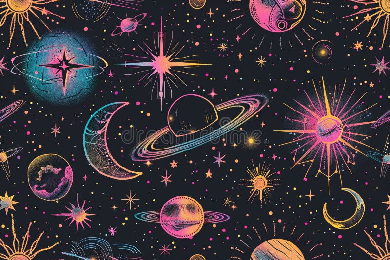 Celestial Cosmic Pattern Design Featuring Planets Stars Moons and Suns ...