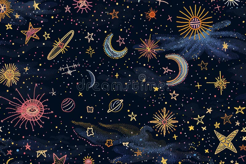 Celestial Cosmic Pattern Design Stars Moons Planets Sun Galaxy Night ...