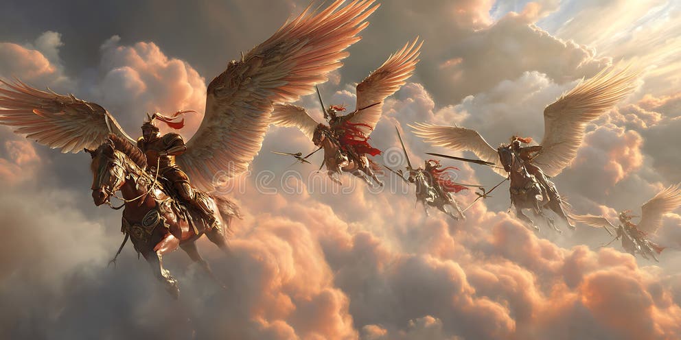 Celestial Creatures Flying through Clouds Fantasy Art Stock Image ...