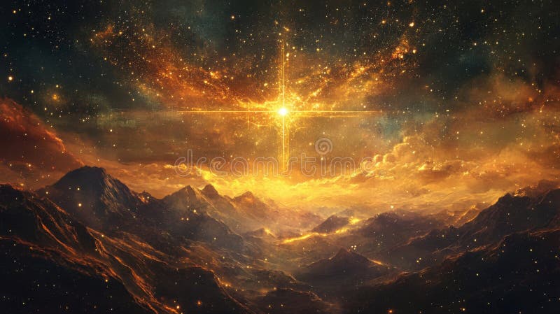 A Celestial Cross Illuminates a Starry Mountain Landscape Stock ...