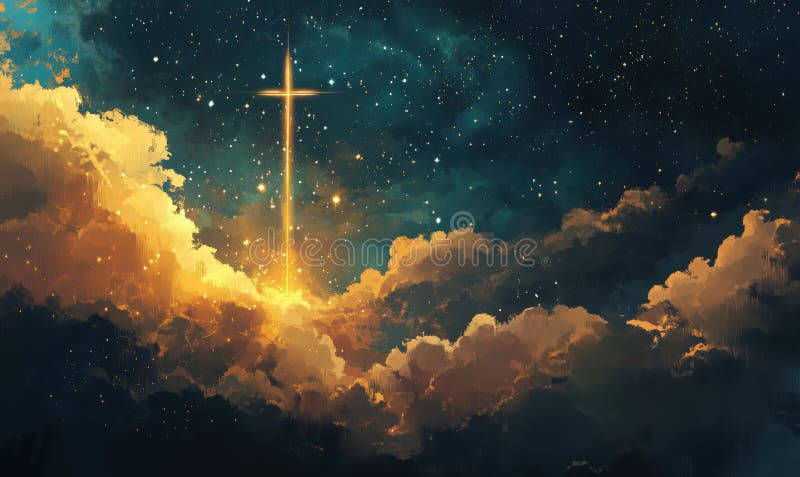 Celestial Cross Illuminating Starry Sky with Golden Clouds and Cosmic ...