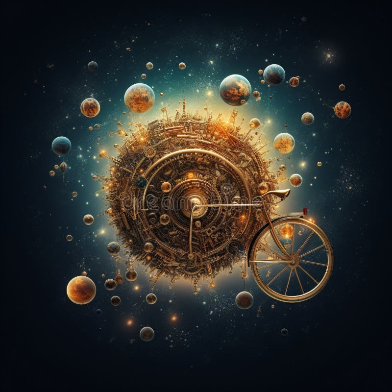 Celestial Cycles - Bicycle with Wheels of Celestial Bodies Stock ...