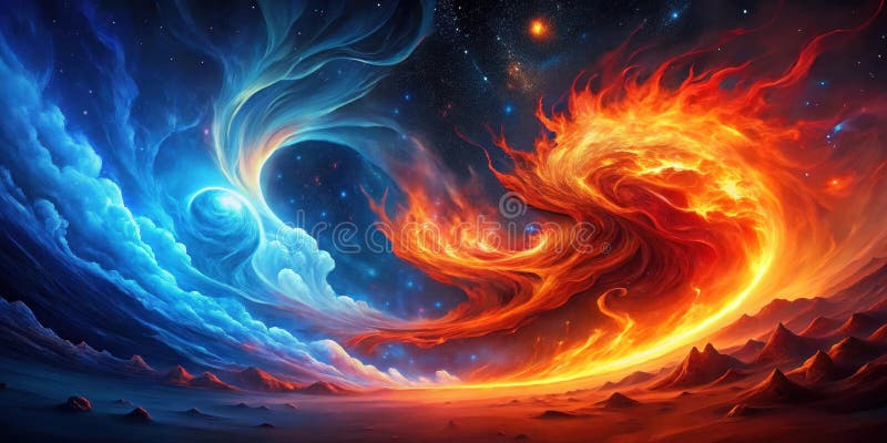 Celestial Dance Opposing Forces of Fire and Ice in a Starry Expanse ...