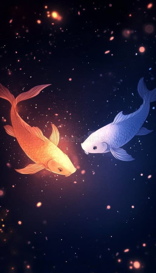 Celestial Dance Two Glowing Koi Fish in Harmony, Neon Illustration on ...