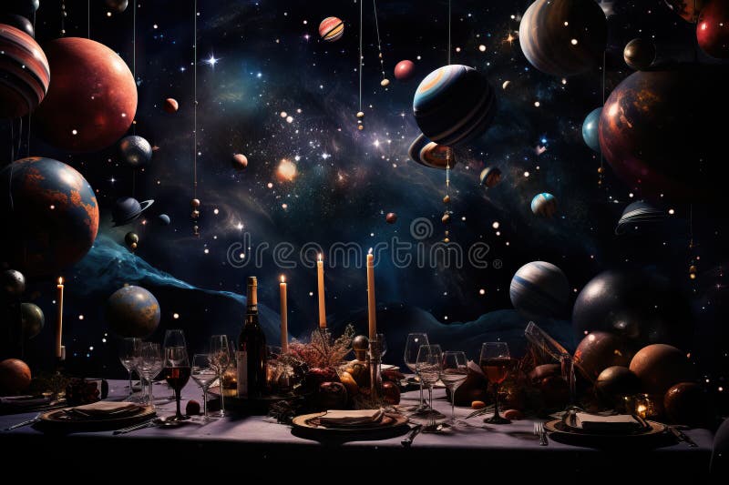 Celestial Dining Scene with Hanging Planets, Starry Backdrop, and ...