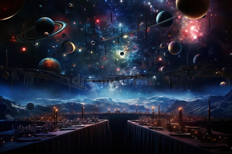 A Celestial Dining Setting Amidst a Vast Cosmic Backdrop with Planets ...