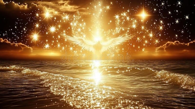 Celestial Dove Ascending Over Ocean Sunset Stock Photo - Image of stars ...
