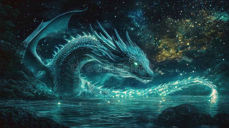 Celestial Dragon by Water, Starry Night Stock Image - Image of calm ...