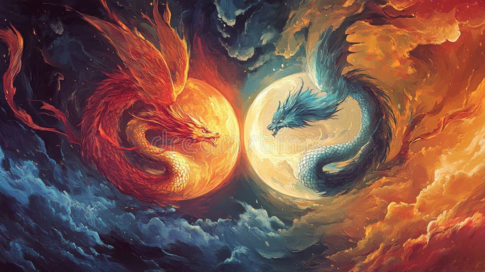 Celestial Dragons Encircling Sun and Moon a Cosmic Dance Stock ...
