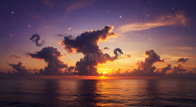 Celestial Dragons at Sunset: Silhouette of Mythical Creatures Formed by ...