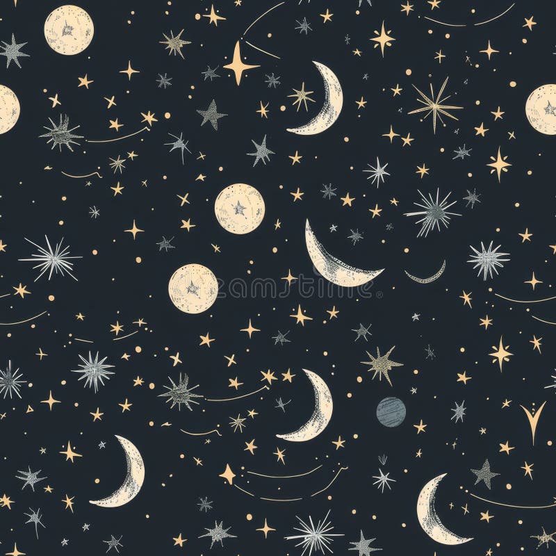 Celestial Dreams: Elegant Seamless Pattern of Moons, Stars, and Orbits ...