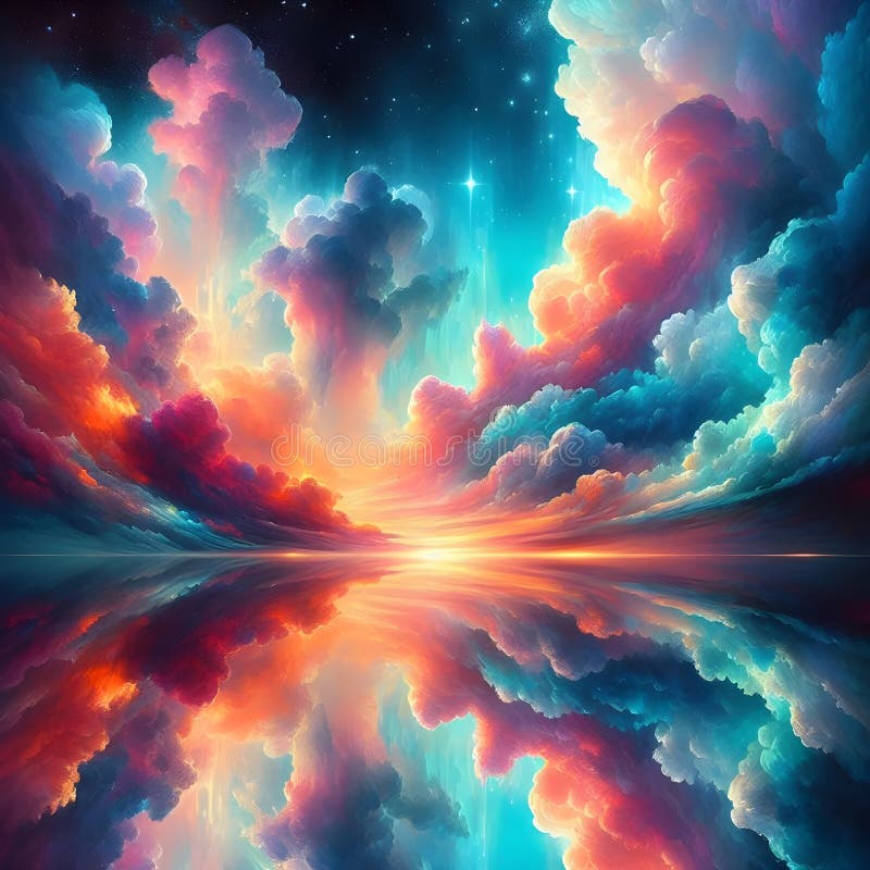 Celestial Dreamscape Reflection. Stock Illustration - Illustration of ...