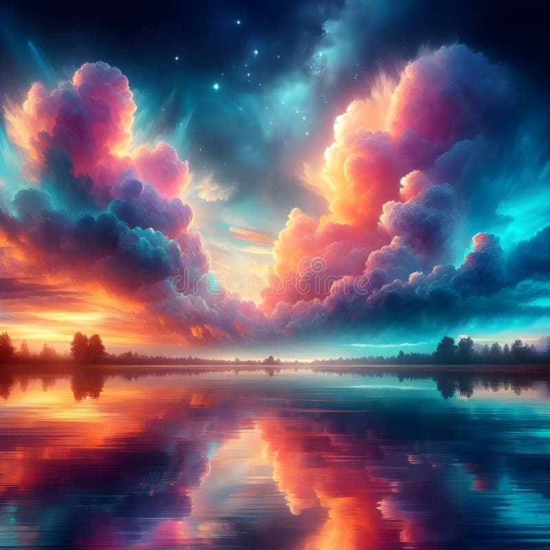 Celestial Dreamscape Reflection. Stock Illustration - Illustration of ...