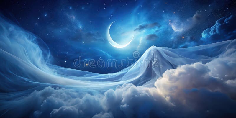 Celestial Dreamscape Serene Night Sky with Flowing Fabric Over Clouds ...