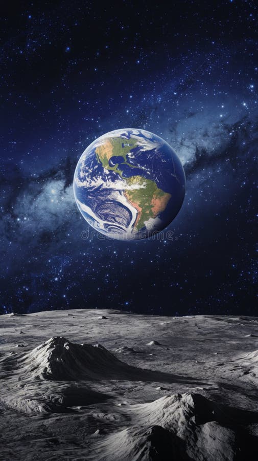 Celestial Earth from Moons Rocky Surface, Surrounded by Stars and ...