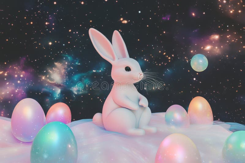Celestial Easter Bunny Floating Space Surrounded Glowing Cosmic Eggs ...
