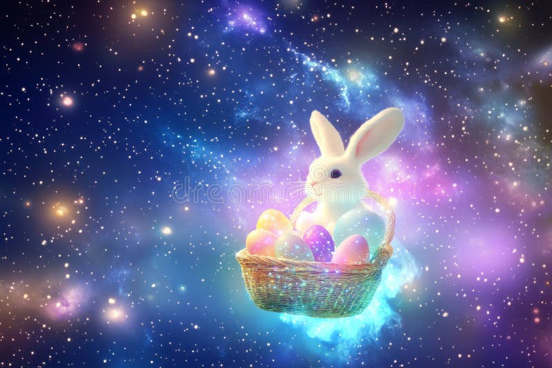 A Celestial Easter Bunny Floating through a Starry Galaxy, Carrying a ...