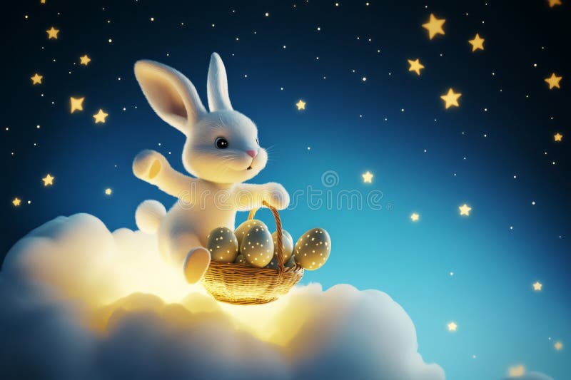 Celestial Easter Bunny Flying Sky Cloud Holding Basket Starry Eggs ...