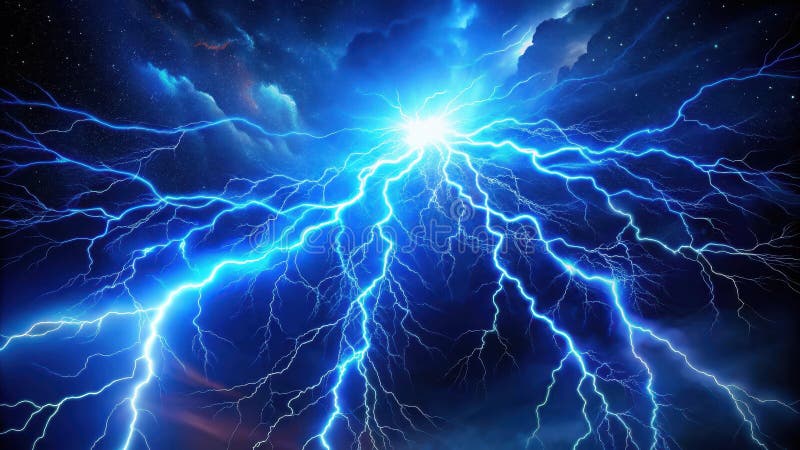 Celestial Electrical Storm a Dramatic Display of Blue Lightning Bolts Across a Starry Night Sky ...
