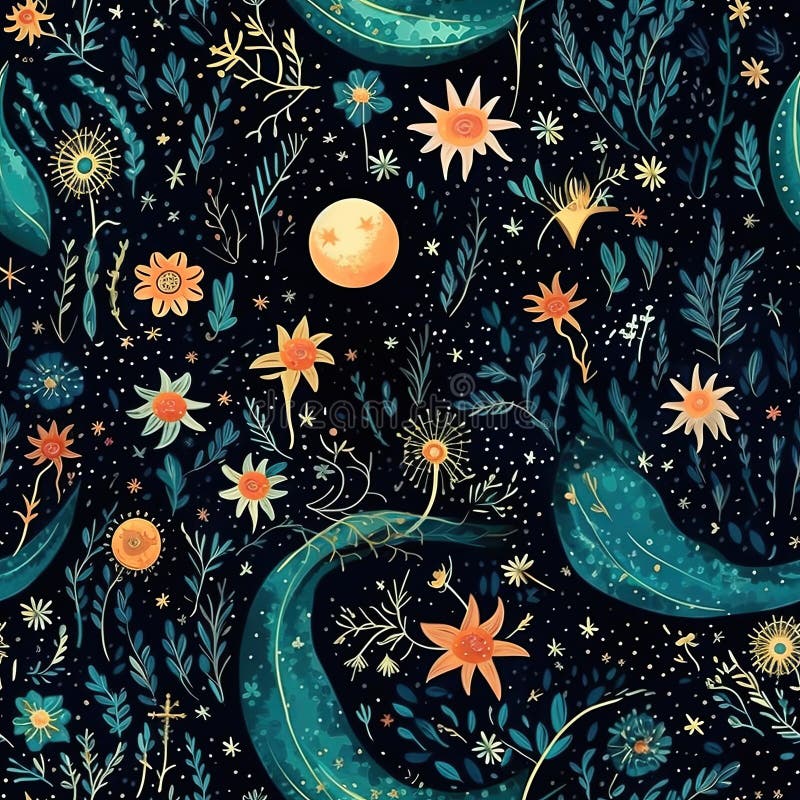 Celestial Elements with Earthly Botanical Elements Like Flowers, Plants ...