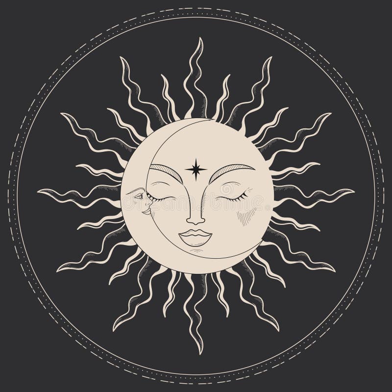 Celestial Emblem with a Sun and Crescent. Monochrome Magical ...