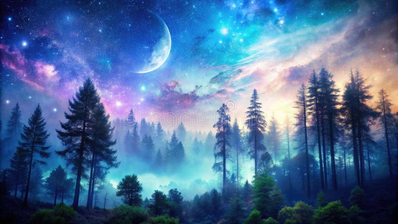 Celestial Embrace a Surreal Double Exposure of a Mystical Forest and ...