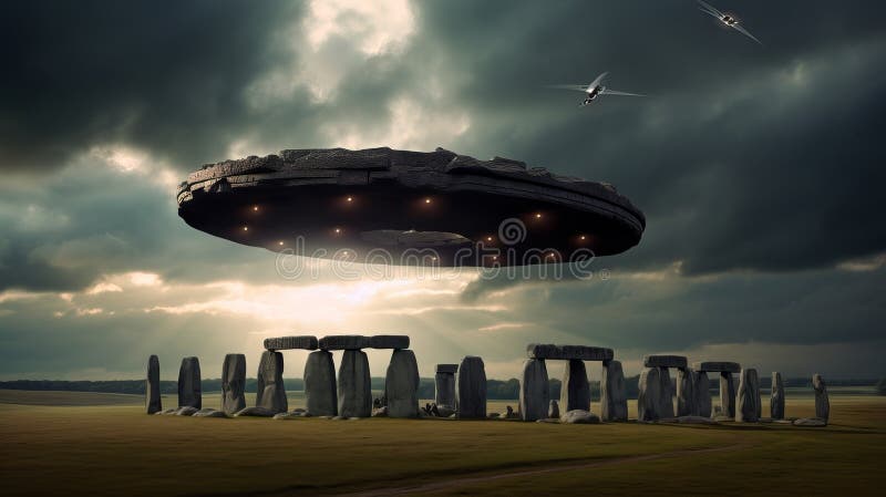 Celestial Enigma: Surreal Scene of UFO Hovering Above Stonehenge Stock ...