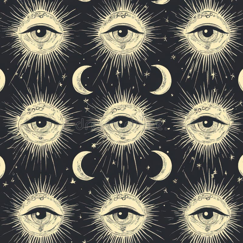 Celestial Eye Pattern with Moons and Stars on Dark Background Stock ...