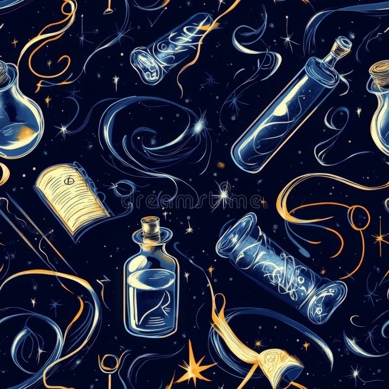 A Celestial Fantasy Pattern with Glowing Magical Wands, Enchanted Scrolls, and Levitating Potion ...