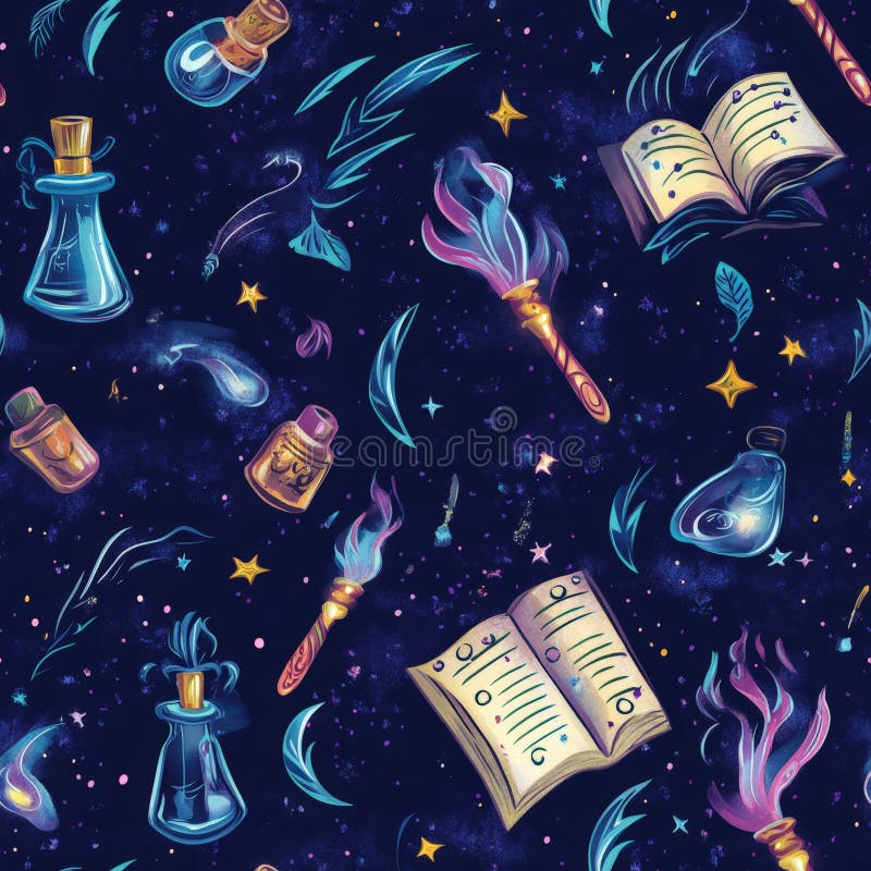 A Celestial Fantasy Pattern with Glowing Magical Wands, Enchanted Scrolls, and Levitating Potion ...