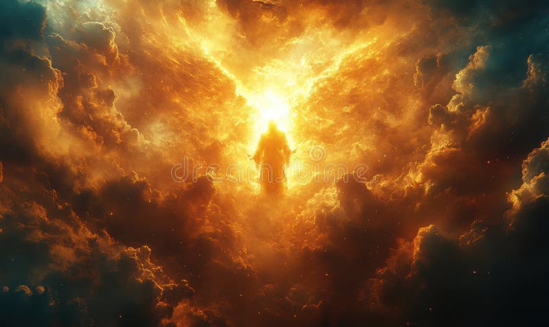 Celestial Figure Emanating Light Amidst Vibrant Clouds in a Cosmic ...