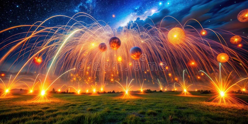 Celestial Fireworks Display Over Lush Green Field with Glowing Orbs ...