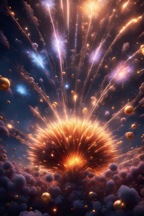 Celestial Fireworks in the Night Sky, Explosion Fire on Abstract ...