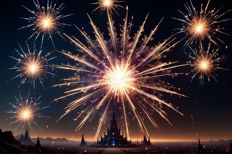 Celestial Fireworks in the Night Sky, Explosion Fire on Abstract ...